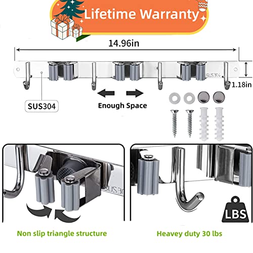 IELIO Pack Broom and Mop Holder Wall Mount with 4 Hooks 3 Racks, Organizer Mounted, Stainless Steel Storage, Heavy Duty Tools Hanger for Home, Kitchen, Garden, Garage, Laundry, Black and sliver, bh-2