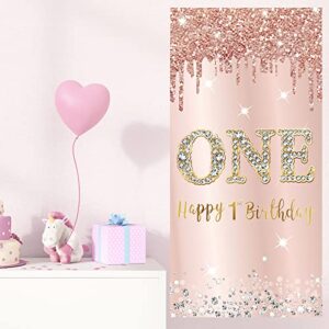 Happy 1st Birthday Door Banner Decorations for Baby Girls, Pink Rose Gold First Birthday Party Door Cover Backdrop Supplies, One Year Old Birthday Poster Sign Photo Booth Props Decor