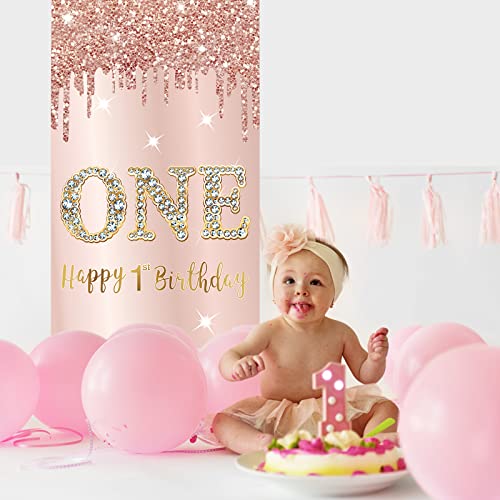 Happy 1st Birthday Door Banner Decorations for Baby Girls, Pink Rose Gold First Birthday Party Door Cover Backdrop Supplies, One Year Old Birthday Poster Sign Photo Booth Props Decor