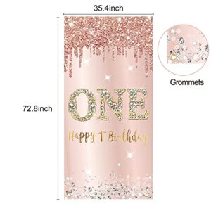 Happy 1st Birthday Door Banner Decorations for Baby Girls, Pink Rose Gold First Birthday Party Door Cover Backdrop Supplies, One Year Old Birthday Poster Sign Photo Booth Props Decor