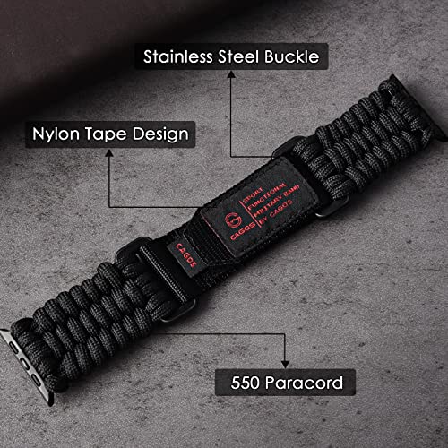 CAGOS Compatible with Apple Watch Band 49mm 45mm 44mm 42mm, Rugged Survival Paracord Nylon Strap Braided Sport Loop for iWatch Bands Ultra 2 Series 9 8 7 6 5 4 3 2 1 SE Men, Black L