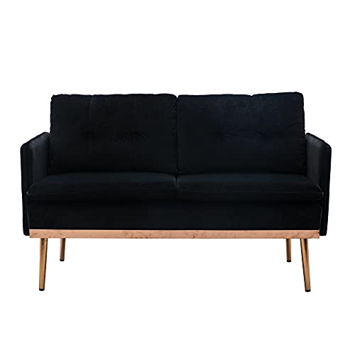 Goujxcy Velvet Couch, Loveseat Sofa, Accent Sofa Recliner, Golden Metal Legs, Mid Century Modern Sofas for Home Living Room Bedroom (Black2)