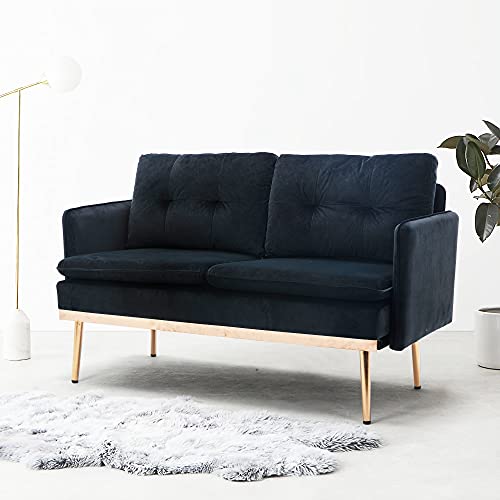 Goujxcy Velvet Couch, Loveseat Sofa, Accent Sofa Recliner, Golden Metal Legs, Mid Century Modern Sofas for Home Living Room Bedroom (Black2)