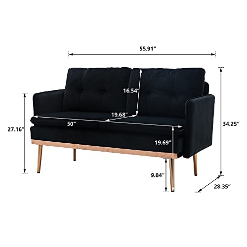 Goujxcy Velvet Couch, Loveseat Sofa, Accent Sofa Recliner, Golden Metal Legs, Mid Century Modern Sofas for Home Living Room Bedroom (Black2)