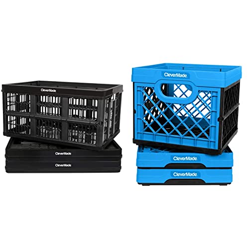 CleverMade 45L Collapsible Storage Bins, Black, 3 Pack & Milk Crates, 25L Plastic Stackable Storage Bins CleverCrates Utility Folding Baskets, Pack of 3, Blue