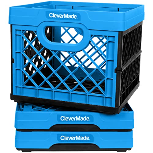 CleverMade 45L Collapsible Storage Bins, Black, 3 Pack & Milk Crates, 25L Plastic Stackable Storage Bins CleverCrates Utility Folding Baskets, Pack of 3, Blue