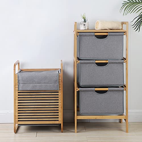 3-Tier Bathroom Organizer Storage Shelf,Organizer Freestanding Laundry Hamper Basket,Bamboo Fold Out Hamper Shelf Storage with Pull-Out Fabric Baskets for Living Room Bedroom Bathroom Closets