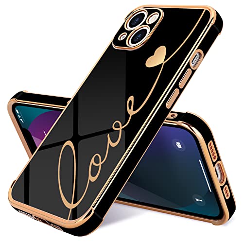 LAPOPNUT Compatible with iPhone 13 Case,Cute Love Heart Design for Women Girls, Luxury Plating Bumper with Camera Lens Protection Cover Shockproof Phone Case for iPhone 13 6.1 inches Black