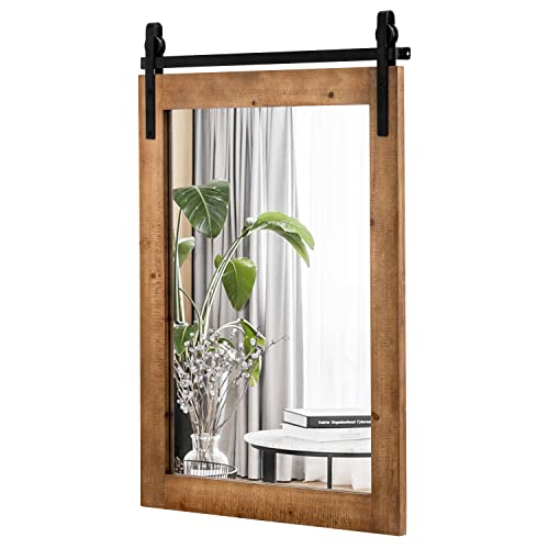 Tangkula Farmhouse Wall Mirror, Rustic Hanging Bathroom Mirror with Wood Frame and Metal Bracket, Wall Mounted Barn Door Style Decor Mirror for Living Room Bathroom, 22 x 30 Inch