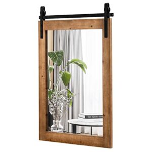 tangkula farmhouse wall mirror, rustic hanging bathroom mirror with wood frame and metal bracket, wall mounted barn door style decor mirror for living room bathroom, 22 x 30 inch