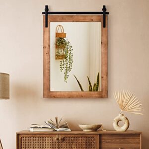 Tangkula Farmhouse Wall Mirror, Rustic Hanging Bathroom Mirror with Wood Frame and Metal Bracket, Wall Mounted Barn Door Style Decor Mirror for Living Room Bathroom, 22 x 30 Inch