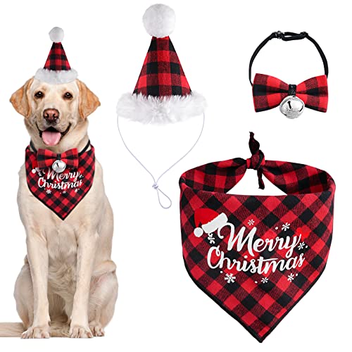 Christmas Dog Bandanas 3 Piece Dog Santa Hat Scarf Bow Tie Set Buffalo Plaid Bib Costume for Pet Christmas Outfit for Small Medium Dogs Cats