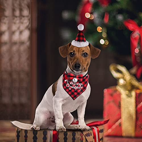 Christmas Dog Bandanas 3 Piece Dog Santa Hat Scarf Bow Tie Set Buffalo Plaid Bib Costume for Pet Christmas Outfit for Small Medium Dogs Cats