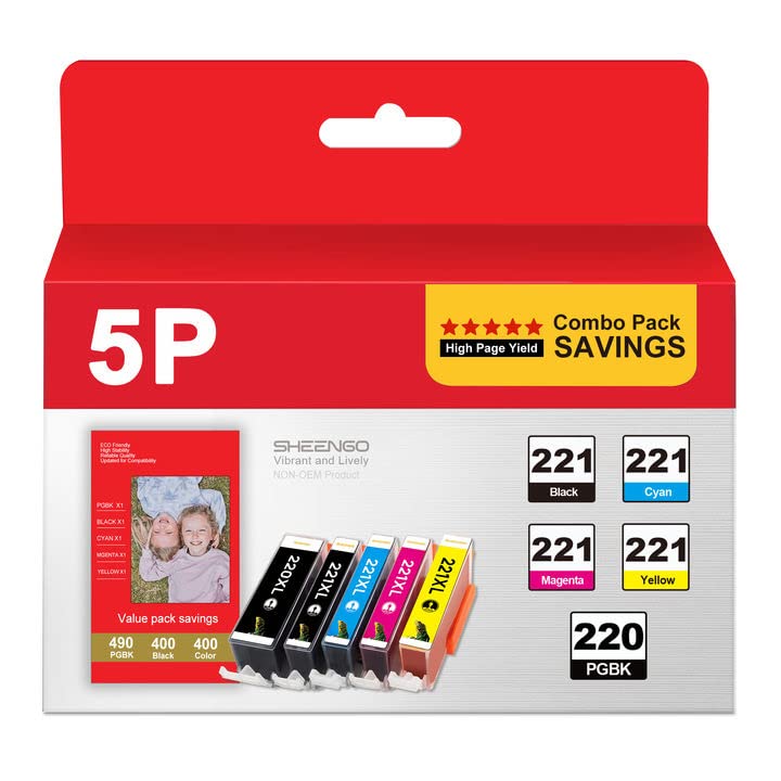 220 and 221 Ink Cartridges Value Pack Replacement for Canon PGI-220/CLI-221 PGI220 CLI221 Use with Pixma MP620 MP560 MX860 MX870 iP4600 Printer (1PGBK, 1 Black, 1 Cyan, 1 Magenta, 1 Yellow, 5 Pack)