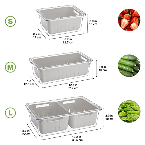 Puricon (2 Pack) Fresh Food Containers for Fridge, Fruit Storage Vegetable Keeper Produce Saver with Colander & Lid, Stackable Refrigerator Organizers for Salad Berry Lettuce, BPA Free -Small