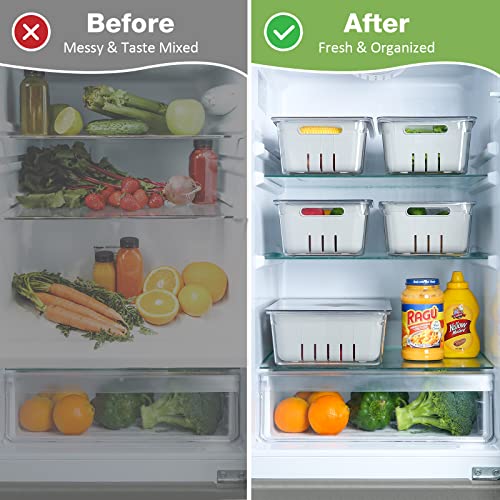 Puricon (2 Pack) Fresh Food Containers for Fridge, Fruit Storage Vegetable Keeper Produce Saver with Colander & Lid, Stackable Refrigerator Organizers for Salad Berry Lettuce, BPA Free -Small