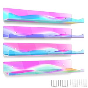 ulendis 4 packs large iridescent clear acrylic floating shelf wall mount, 15.7" wall ledge bookshelf with installation hardware, shelf display organizer for bathroom bedroom nursery kitchen