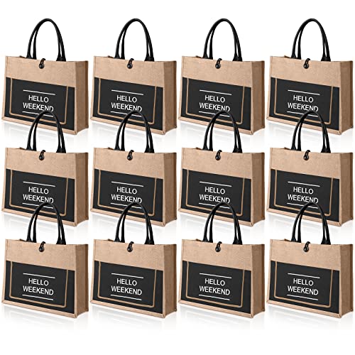 12 Pcs Jute Beach Tote for Women Weekend Tote Bag Natural Burlap Shopping Bags with Handles Reusable Flax Grocery Bags Large Creative Jute Gift Bags for Bridesmaid Wedding Shopping Beach