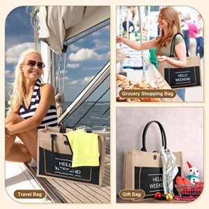 12 Pcs Jute Beach Tote for Women Weekend Tote Bag Natural Burlap Shopping Bags with Handles Reusable Flax Grocery Bags Large Creative Jute Gift Bags for Bridesmaid Wedding Shopping Beach