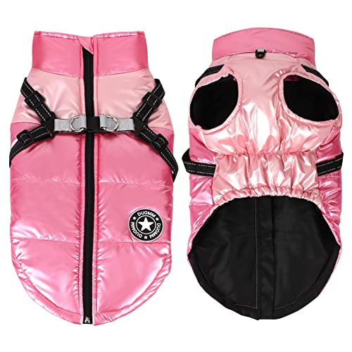 Beirui Waterproof Dog Winter Coat with Harness - Warm Zip Up Puffer Vest Dog Jacket with Dual D Rings - Reflective Cold Weather Dog Clothes for Puppy Small Medium Dogs,Pink(Chest 18”)