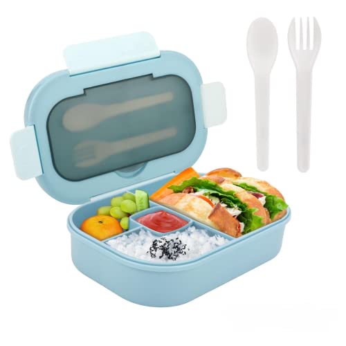 Bento Box for Kids,1.3L Bento Box Adult Lunch Box,Lunch Box Container for Kid/Adults/Toddler,Bento Boxes with 4 Compartment&Utensiles,Leak Proof,Microwave/Dishwasher/Freezer Safe(Light Blue)