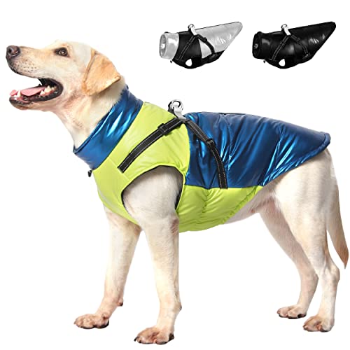 Didog Dog Winter Coat, Waterproof Dog Warm Clothes with Harness & Double D Rings, Reflective Dog Jacket for Cold Weather,Windproof Snow Suit Vest for Medium Large Dogs,Blue&Green,Chest: 28"