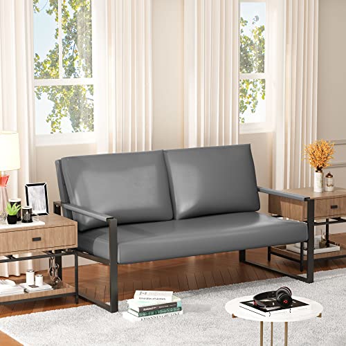 AWQM Faux Leather Loveseat, Mid-Century Modern Loveseat Sofa for Small Spaces, Small PU Leather Upholstered Sofas and Couch with Metal Armrest for Living Room, Bedroom and Office, Grey