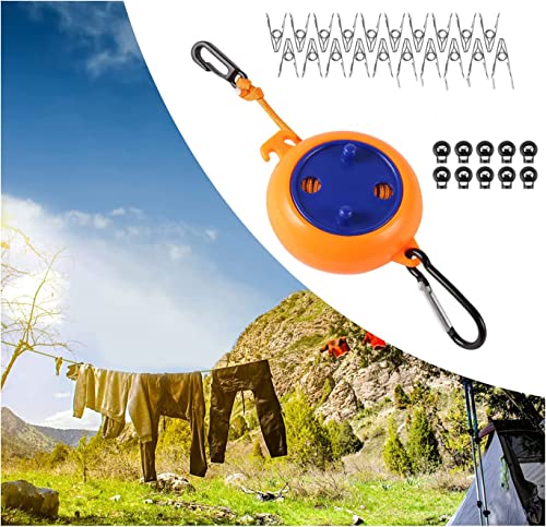 Retractable Camping Clothesline, Adjustable Travel Laundry Rope, Heavy Duty Washing Line with 20 Clothespins & 10 Stoppers for Indoor/Outdoor, Camping, Travel, Courtyard, 26ft, 2Pack