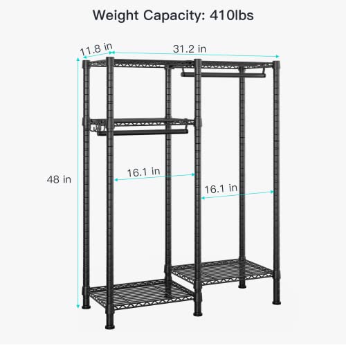 Ulif F1 Garment Rack for Kids, Baby, Students, and Children's Room, 4 Tiers Freestanding and Portable Heavy Duty Closets, Small Metal Clothes Rack with 2 Hanging Rod, 31.2”W x 11.8”D x 48”H, Black