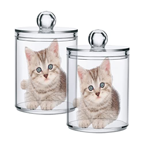 Sletend 2 Pack Plastic Qtips Holder Cat Animal Cute Bathroom Organizer Canisters for Cotton Balls/Swabs/Pads/Floss,Plastic Apothecary Jars for Vanity