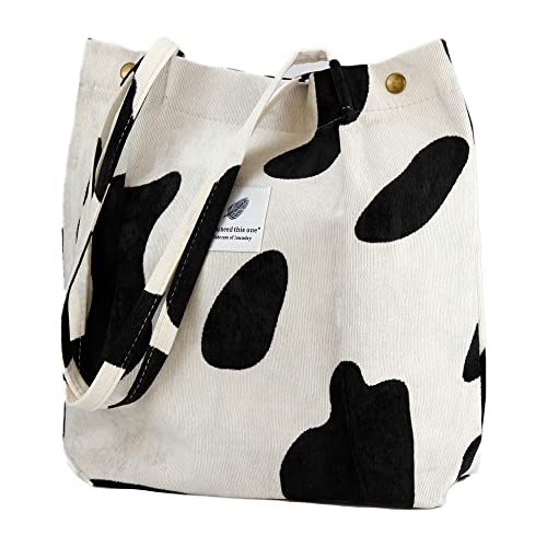 TOPASION Corduroy Tote Bag for Women Cute Reusable Bag with Inner Pocket for Shopping Grocery Beach (Cow)