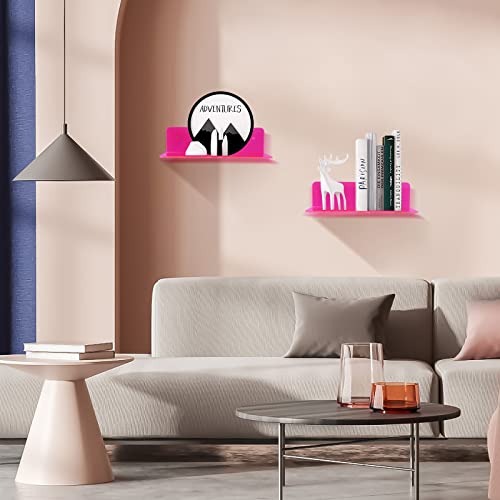 Acrylic Floating Shelves 9 inch 2 Pack Adhesive Wall Shelf for Funko Pop Figure, Plant, Speaker, Small Display Wall Shelves for Bathroom, Bedroom, Gaming Room, Living Room, with Cable Clips - Pink