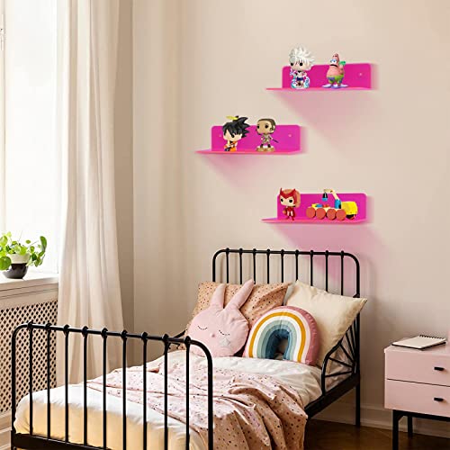 Acrylic Floating Shelves 9 inch 2 Pack Adhesive Wall Shelf for Funko Pop Figure, Plant, Speaker, Small Display Wall Shelves for Bathroom, Bedroom, Gaming Room, Living Room, with Cable Clips - Pink