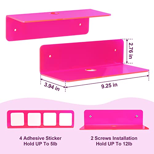 Acrylic Floating Shelves 9 inch 2 Pack Adhesive Wall Shelf for Funko Pop Figure, Plant, Speaker, Small Display Wall Shelves for Bathroom, Bedroom, Gaming Room, Living Room, with Cable Clips - Pink