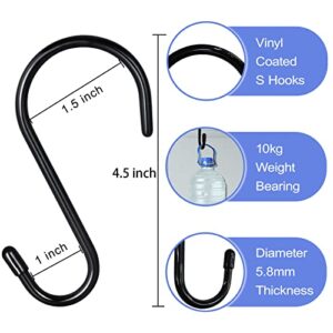 Dreecy 18 Pack 4.5 Inch S Hook for Hanging, Large Vinyl Coated S Hooks Closet Hooks Heavy Duty S Hook, Metal Black Rubber Coated Non Slip Closet S Hooks for Hanging Plants Jeans Bags Pots Jewelry