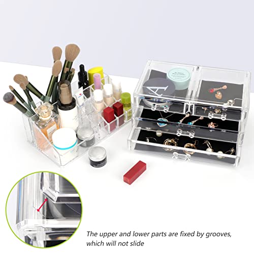 Unaone Clear Cosmetic Storage Organizer, Acrylic Makeup Organizer for Vanity Makeup Storage Organizer Display Cases, Lipstick Holder Organizer Stackable Cosmetic Organizer with 4 Drawers