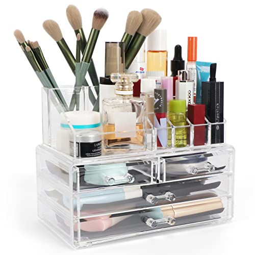 Unaone Clear Cosmetic Storage Organizer, Acrylic Makeup Organizer for Vanity Makeup Storage Organizer Display Cases, Lipstick Holder Organizer Stackable Cosmetic Organizer with 4 Drawers