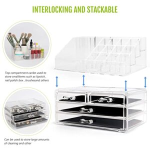 Unaone Clear Cosmetic Storage Organizer, Acrylic Makeup Organizer for Vanity Makeup Storage Organizer Display Cases, Lipstick Holder Organizer Stackable Cosmetic Organizer with 4 Drawers