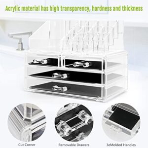 Unaone Clear Cosmetic Storage Organizer, Acrylic Makeup Organizer for Vanity Makeup Storage Organizer Display Cases, Lipstick Holder Organizer Stackable Cosmetic Organizer with 4 Drawers