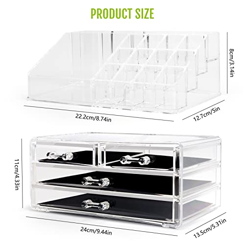 Unaone Clear Cosmetic Storage Organizer, Acrylic Makeup Organizer for Vanity Makeup Storage Organizer Display Cases, Lipstick Holder Organizer Stackable Cosmetic Organizer with 4 Drawers