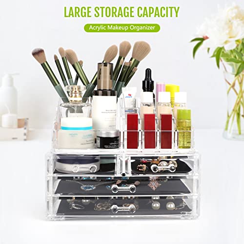 Unaone Clear Cosmetic Storage Organizer, Acrylic Makeup Organizer for Vanity Makeup Storage Organizer Display Cases, Lipstick Holder Organizer Stackable Cosmetic Organizer with 4 Drawers