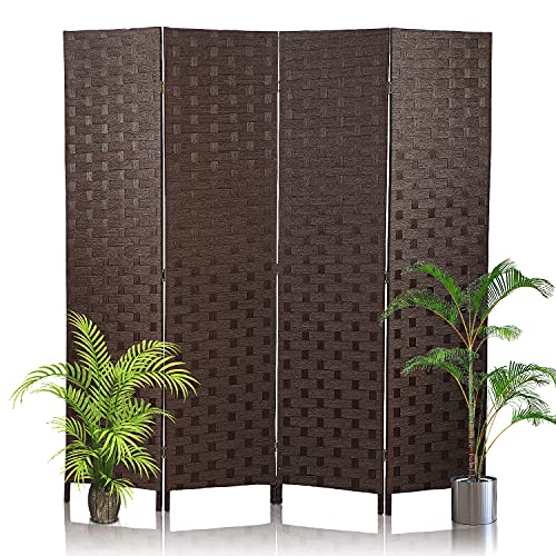 Room Divider, 6FT Wall Divider Wood Screen 4 Panels Wood Mesh Hand-Woven Design Room Screen Divider Indoor Folding Portable Partition Screen,Brown