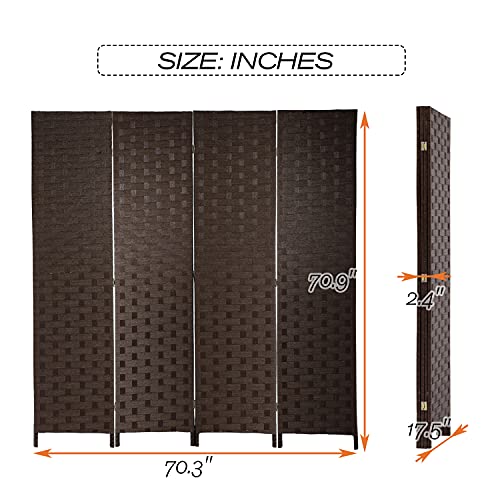 Room Divider, 6FT Wall Divider Wood Screen 4 Panels Wood Mesh Hand-Woven Design Room Screen Divider Indoor Folding Portable Partition Screen,Brown