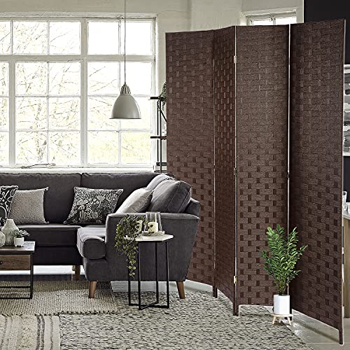 Room Divider, 6FT Wall Divider Wood Screen 4 Panels Wood Mesh Hand-Woven Design Room Screen Divider Indoor Folding Portable Partition Screen,Brown