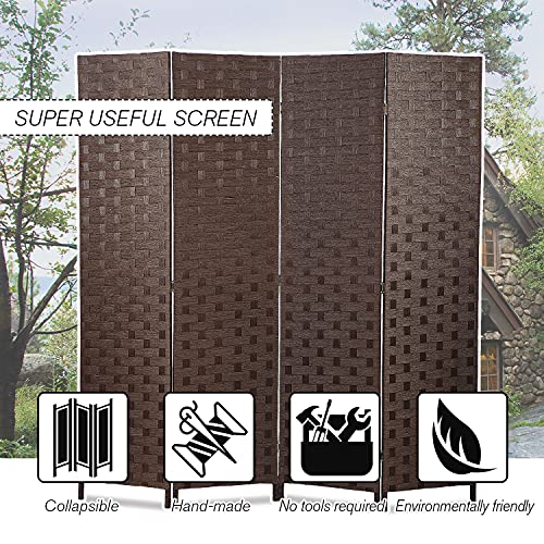 Room Divider, 6FT Wall Divider Wood Screen 4 Panels Wood Mesh Hand-Woven Design Room Screen Divider Indoor Folding Portable Partition Screen,Brown