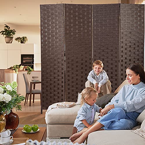 Room Divider, 6FT Wall Divider Wood Screen 4 Panels Wood Mesh Hand-Woven Design Room Screen Divider Indoor Folding Portable Partition Screen,Brown