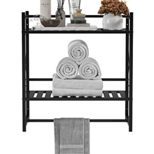 TZAMLI 2-Tier Towel Rack Wall Mounted Bathroom Shelves with Towel Bar, Floating Shelves Over Toilet, Metal Storage Shelf Shower Organizer, Black