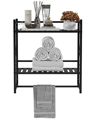 TZAMLI 2-Tier Towel Rack Wall Mounted Bathroom Shelves with Towel Bar, Floating Shelves Over Toilet, Metal Storage Shelf Shower Organizer, Black