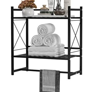 TZAMLI 2-Tier Towel Rack Wall Mounted Bathroom Shelves with Towel Bar, Floating Shelves Over Toilet, Metal Storage Shelf Shower Organizer, Black