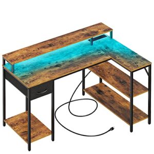 superjare l shaped gaming desk with led lights & power outlets, reversible computer desk with shelves & drawer, corner desk home office desk, rustic brown